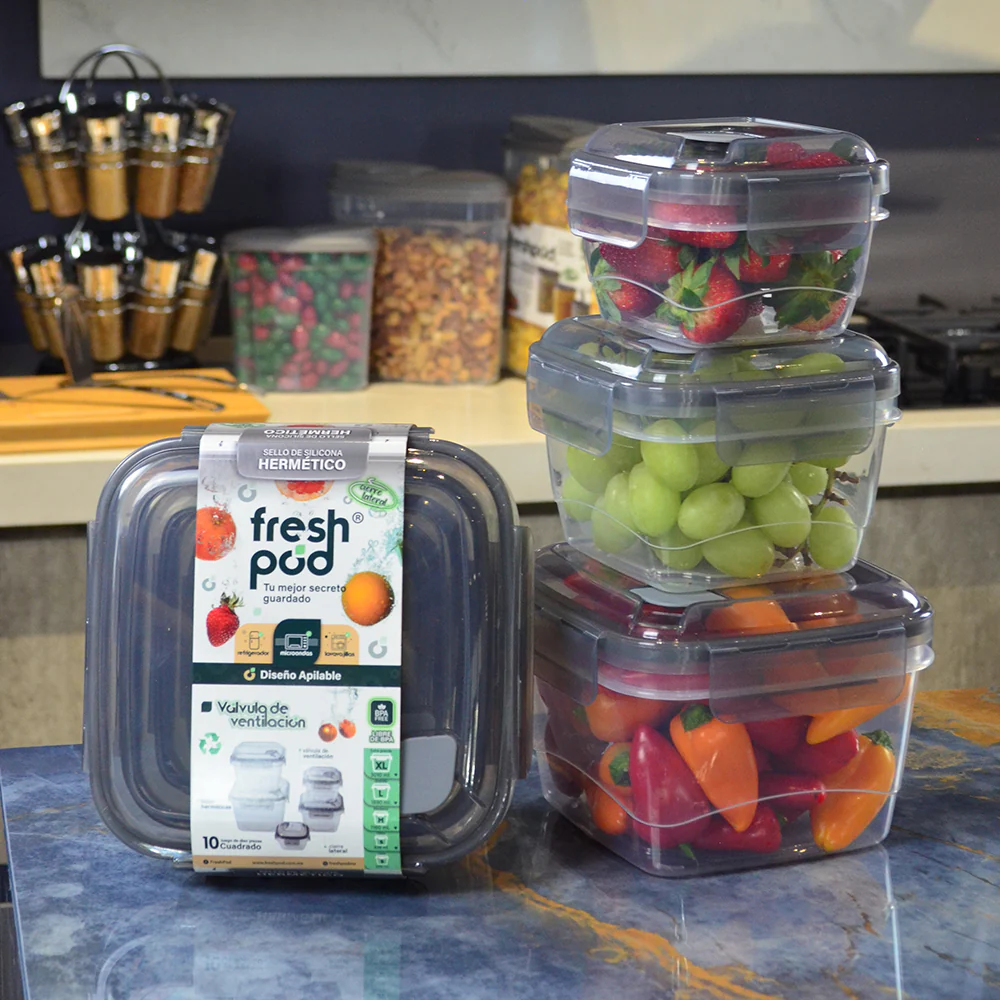 Set de 3 recipientes cuadrados para alimentos Freshpod con tapa y ...